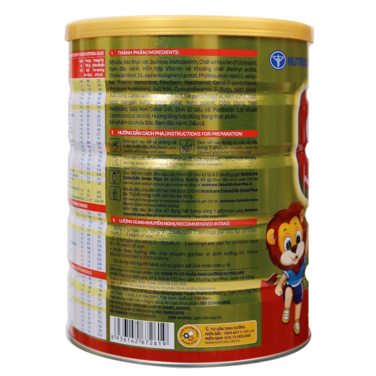 Sữa Colos24h Grow Plus 2+ 850G (2-10 tuổi)